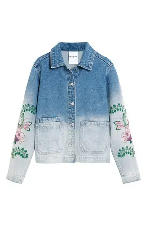 Desigual Floral Embroidered Denim Trucker Jacket - Medium Blue
