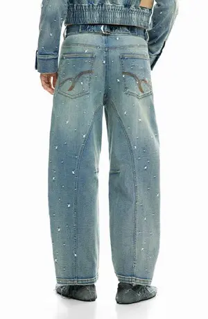 Desigual Floral Embroidery Barrel Leg Jeans - Medium Blue