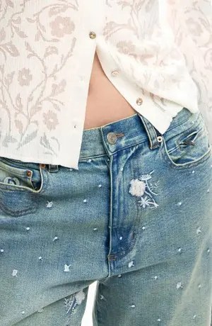 Desigual Floral Embroidery Barrel Leg Jeans - Medium Blue