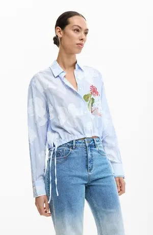 Desigual Floral Embroidered Crop Wide Leg Jeans