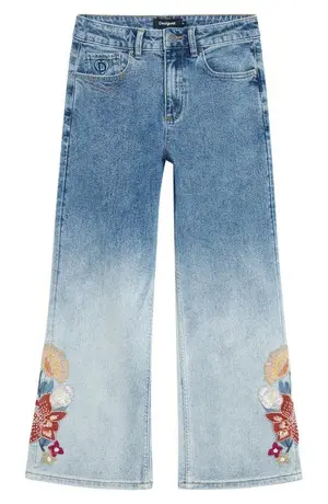 Desigual Floral Embroidered Crop Wide Leg Jeans