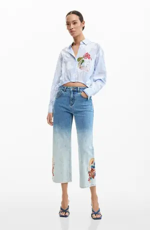 Desigual Floral Embroidered Crop Wide Leg Jeans