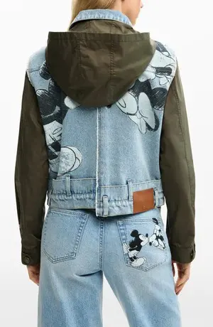 Desigual Mickey Mouse Embroidered Denim Hooded Jacket - Medium Blue