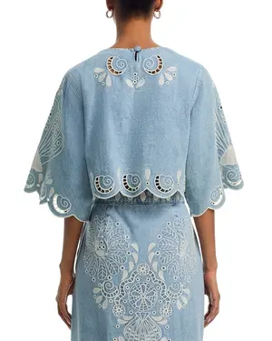 Farm Rio Cropped Embroidered Top - Denim