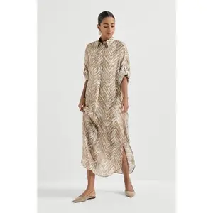 Brunello Cucinelli Chevron Print Silk Shirt Dress - Beige