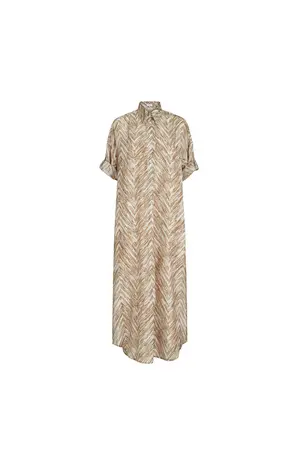 Brunello Cucinelli Chevron Print Silk Shirt Dress - Beige