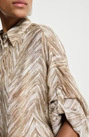 Brunello Cucinelli Chevron Print Silk Shirt Dress - Beige