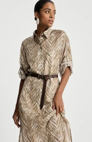 Brunello Cucinelli Chevron Print Silk Shirt Dress - Beige