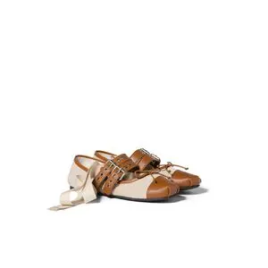 Miu Miu Canvas And Leather Ballerinas - Beige/tobacco