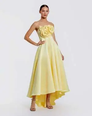 Mac Duggal Strapless Satin High-low Gown With 3d Flowers - Yellow