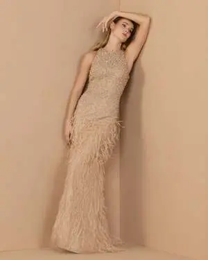 MAC DUGGAL COLLECTION Embellished Lace Sleeveless Feather Gown