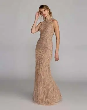 MAC DUGGAL COLLECTION Embellished Lace Sleeveless Feather Gown