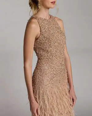 MAC DUGGAL COLLECTION Embellished Lace Sleeveless Feather Gown