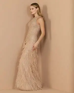 MAC DUGGAL COLLECTION Embellished Lace Sleeveless Feather Gown