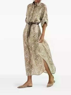 Brunello Cucinelli Chevron Print Silk Midi Shirt Dress - Neutrals