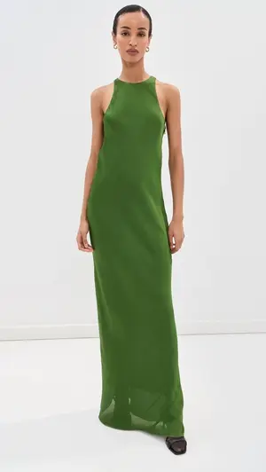 Tibi Matte Satin Plisse Maxi Bias Dress