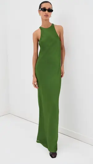 Tibi Matte Satin Plisse Maxi Bias Dress