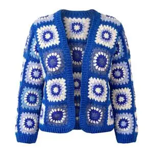 ANA CHIC Granny Square Handmade Crochet Cardigan - Blue