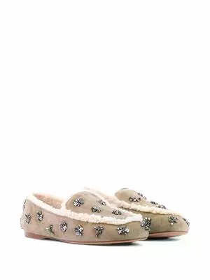 Lola Cruz Nivea Crystal-embellished Shearling-trim Loafers - Neutrals