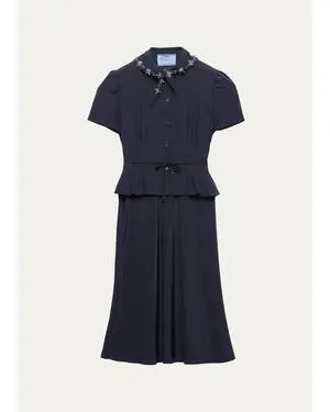 Prada Embellished Scarf-neck Short-sleeve Peplum Midi Dress