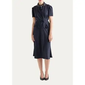 Prada Embellished Scarf-neck Short-sleeve Peplum Midi Dress