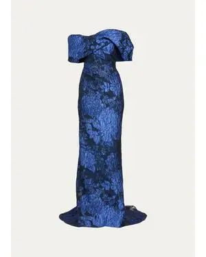 Pamella Roland Fil Coupe Off-the-shoulder Fishtail Train Gown - Navy Multi