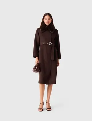 Maje Long Coat With Faux Fur Collar