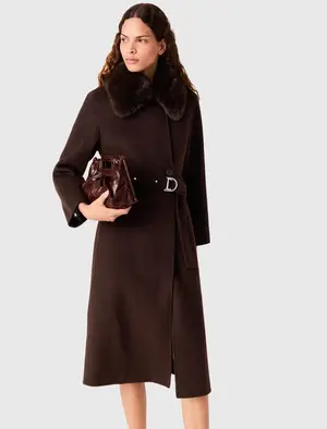 Maje Long Coat With Faux Fur Collar