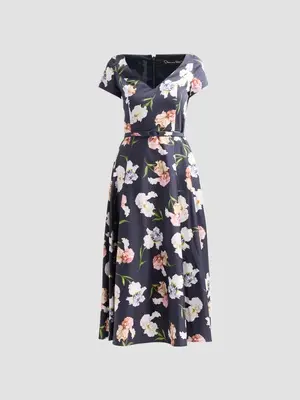Oscar De La Renta Painted Iris Poplin Day Dress - Navy Multi