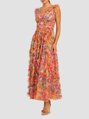 Mac Duggal Floral Mesh Ruffled V-neck Maxi Dress - Multi