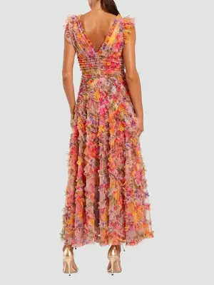 Mac Duggal Floral Mesh Ruffled V-neck Maxi Dress - Multi