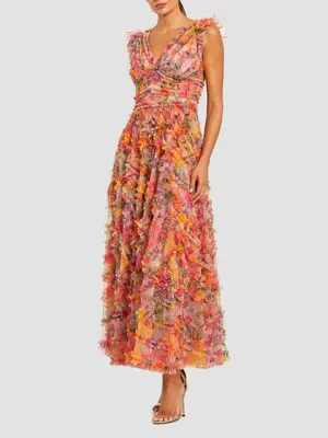 Mac Duggal Petite Floral Tulle Ruffle Maxi Dress