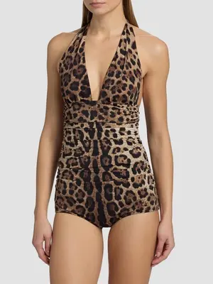 Dolce & Gabbana Leopard One-piece Halter Swimsuit