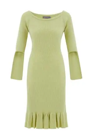 PERALUNA Boat-neck Ribbed Ruffled Knitwear Dress
