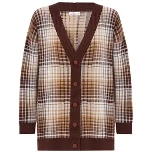 PERALUNA Cashmere Blend Loose Fit V-neck Plaid Knit Cardigan - Brown
