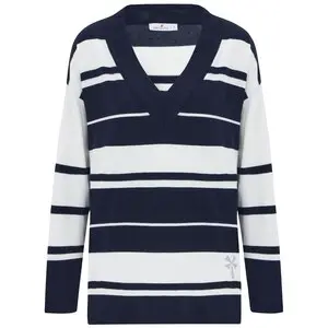 PERALUNA Organic Cotton V-neck Striped Knitwear Pullover /ecru - Black