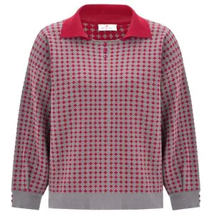 PERALUNA Polo-neck 3/4 Sleeve Geometric Patterned Knitwear Pullover /burgundy - Grey