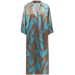 PERALUNA Kalinda Loose Fit Seasonal Satin Below-knee Dress Turquoise/brown - Blue/brown