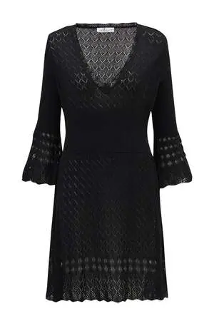 PERALUNA Yoho Openwork V-neck Knit Mini Dress - Black