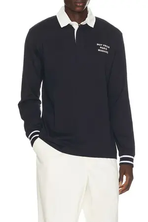 Drole De Monsieur Slogan Longsleeve Polo In Blue - Navy