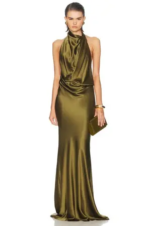 THE SEI Halter Drape Bias Gown In Green - Olive