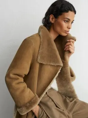 REISS Bex Reversible Shearling Belted Longline Coat