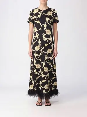 La DoubleJ Long Evening Gown In Silk With Floral Embroidery And Feathers - Multicolor