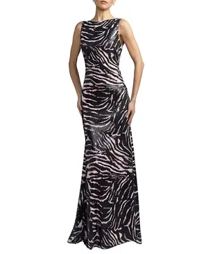 Mac Duggal Tiger Print Cowl Back Sequin Gown