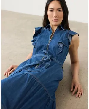 Mint Velvet Denim Ruffle Maxi Shirt Dress