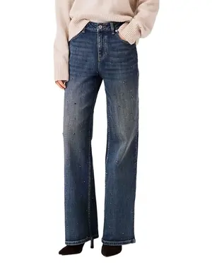 Maje Rhinestone High Rise Wide Leg Jeans - Blue