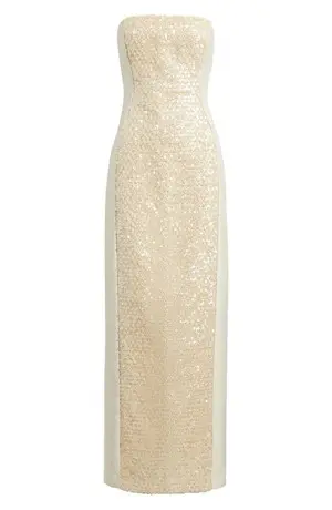 Shona Joy Eluna Sequin Strapless Column Gown - Macadamia