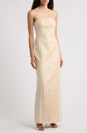 Shona Joy Eluna Sequin Strapless Column Gown - Macadamia