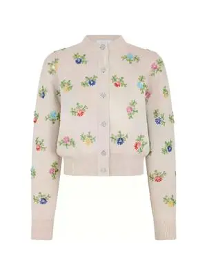 Rabanne Beige Wool Cardigan With Multicolour Floral Embroidery
