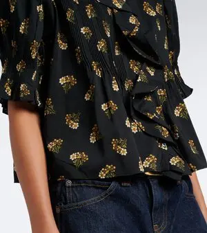 DÔEN Henri Floral Ruffled Cotton-blend Blouse - Black